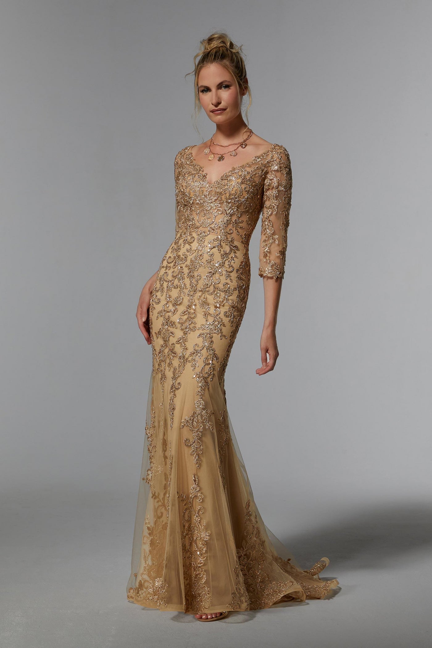 Morilee 72940 Metallic Lace Sheath Evening Gown – Mydressline