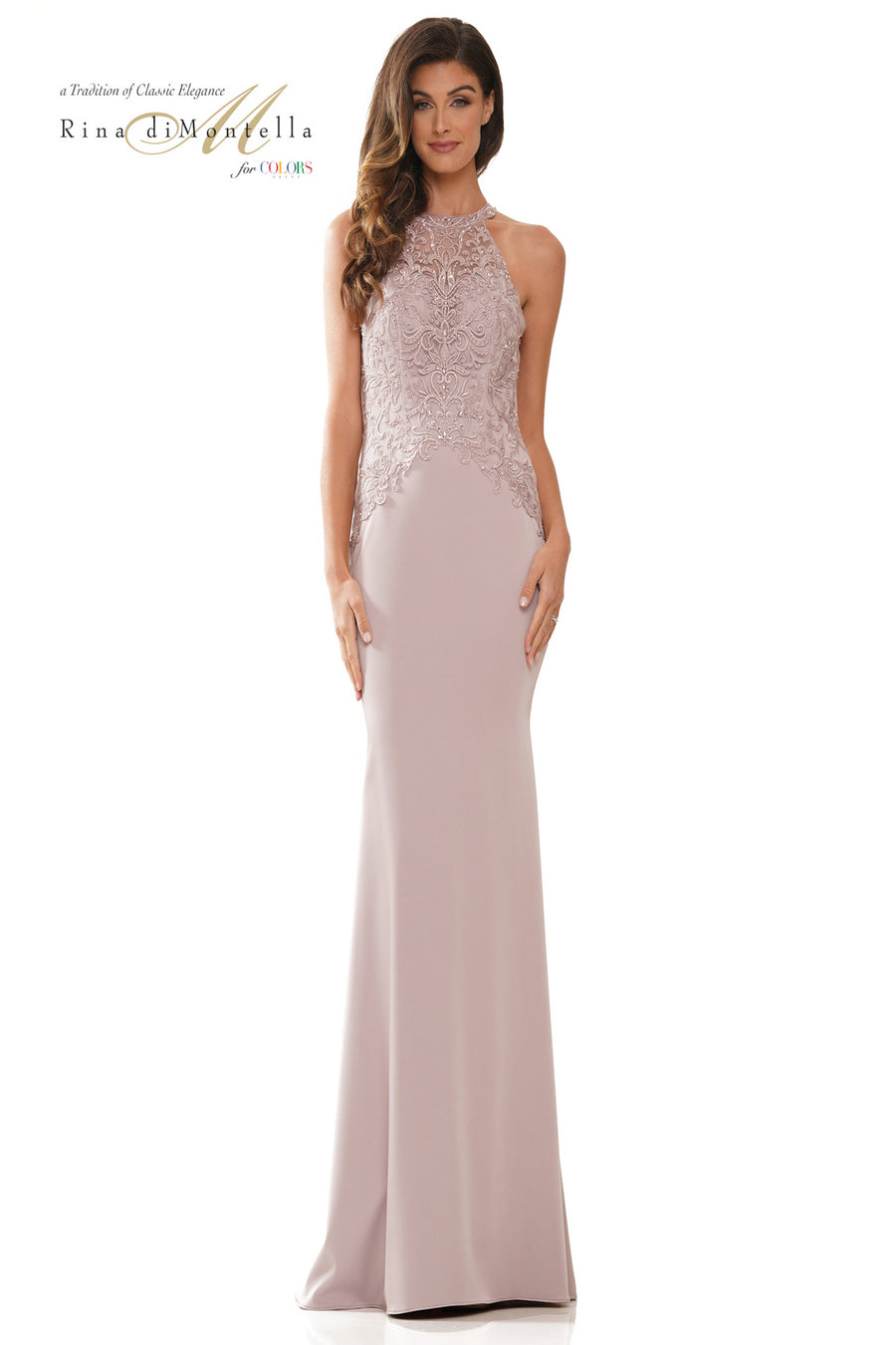 Rina Di Montella RD2755 Sleeveless Halter Neck Crepe Gown – Mydressline