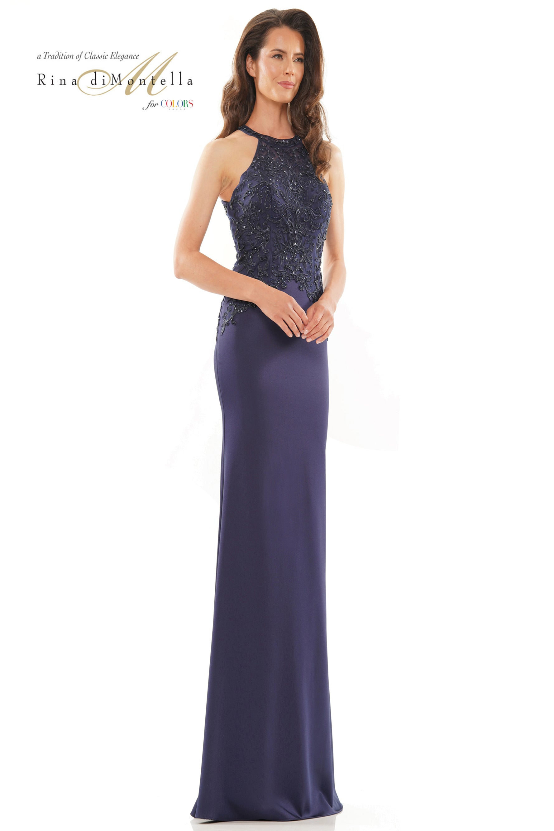 Rina Di Montella RD2755 Sleeveless Halter Neck Crepe Gown – Mydressline